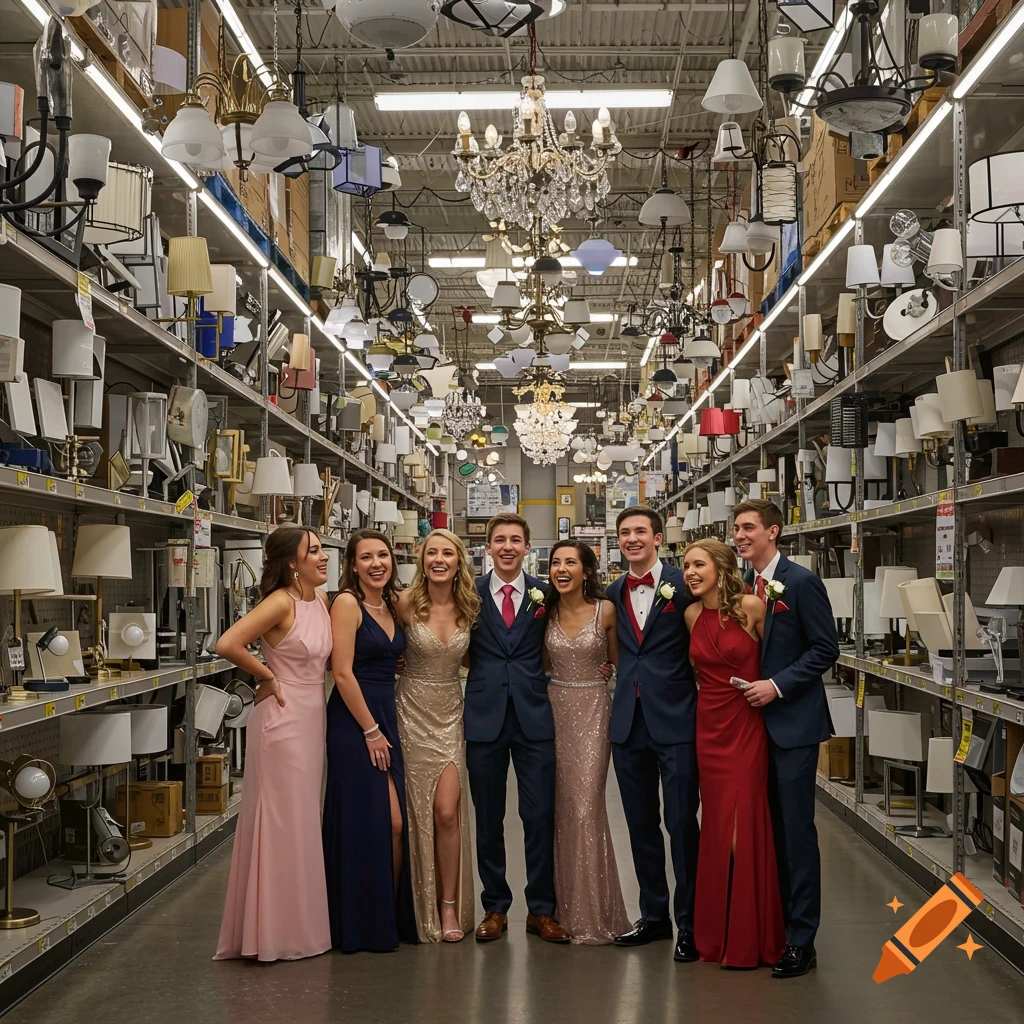 Friends taking prom pictures in Menards light fixture aisle on Craiyon
