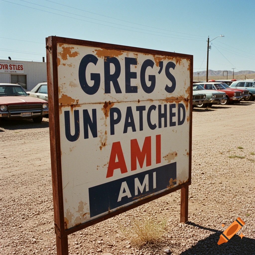 Old weathered advertisement sign at a used car lot on Craiyon