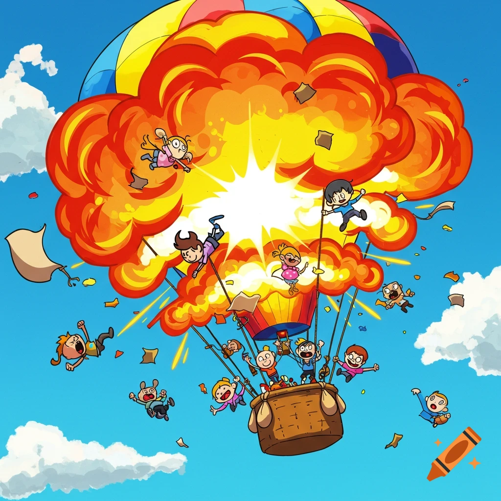 Cartoon image of a hot air balloon exploding in the sky, sending small ...