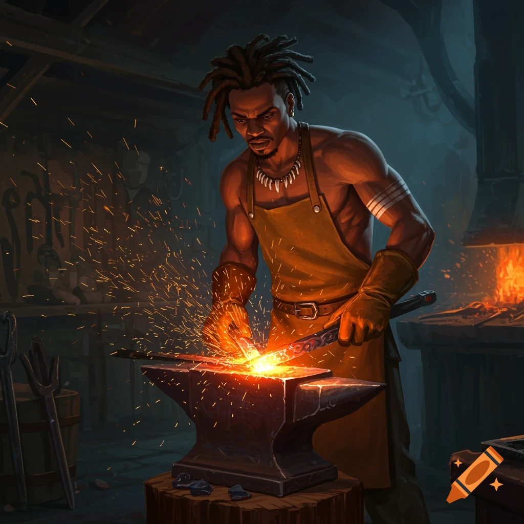 African blacksmith crafting metalwork with sparks on Craiyon