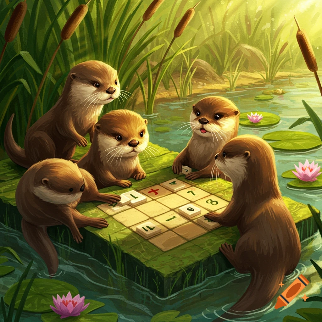 Several otters are playing a board game on a platform in the water. on ...