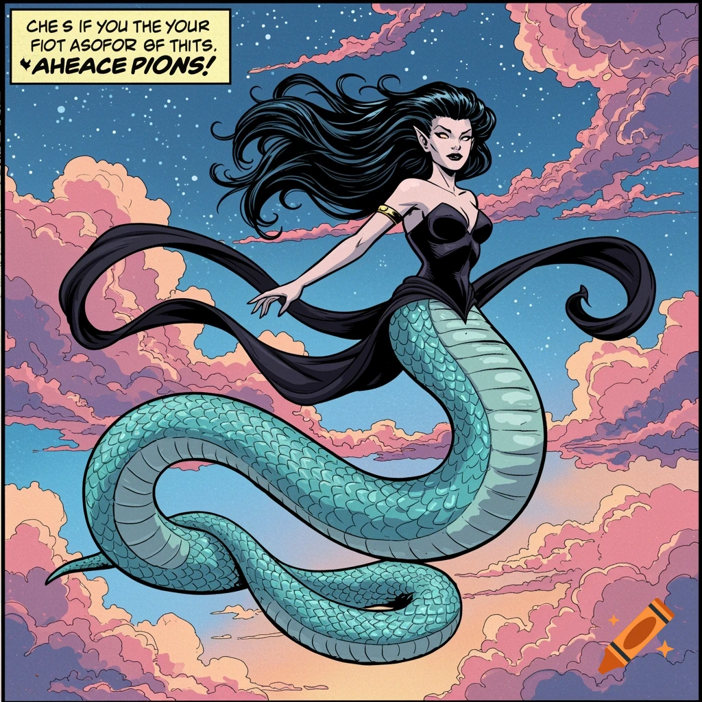 Comic book panel of a black-haired lamia flying in the sky. on Craiyon