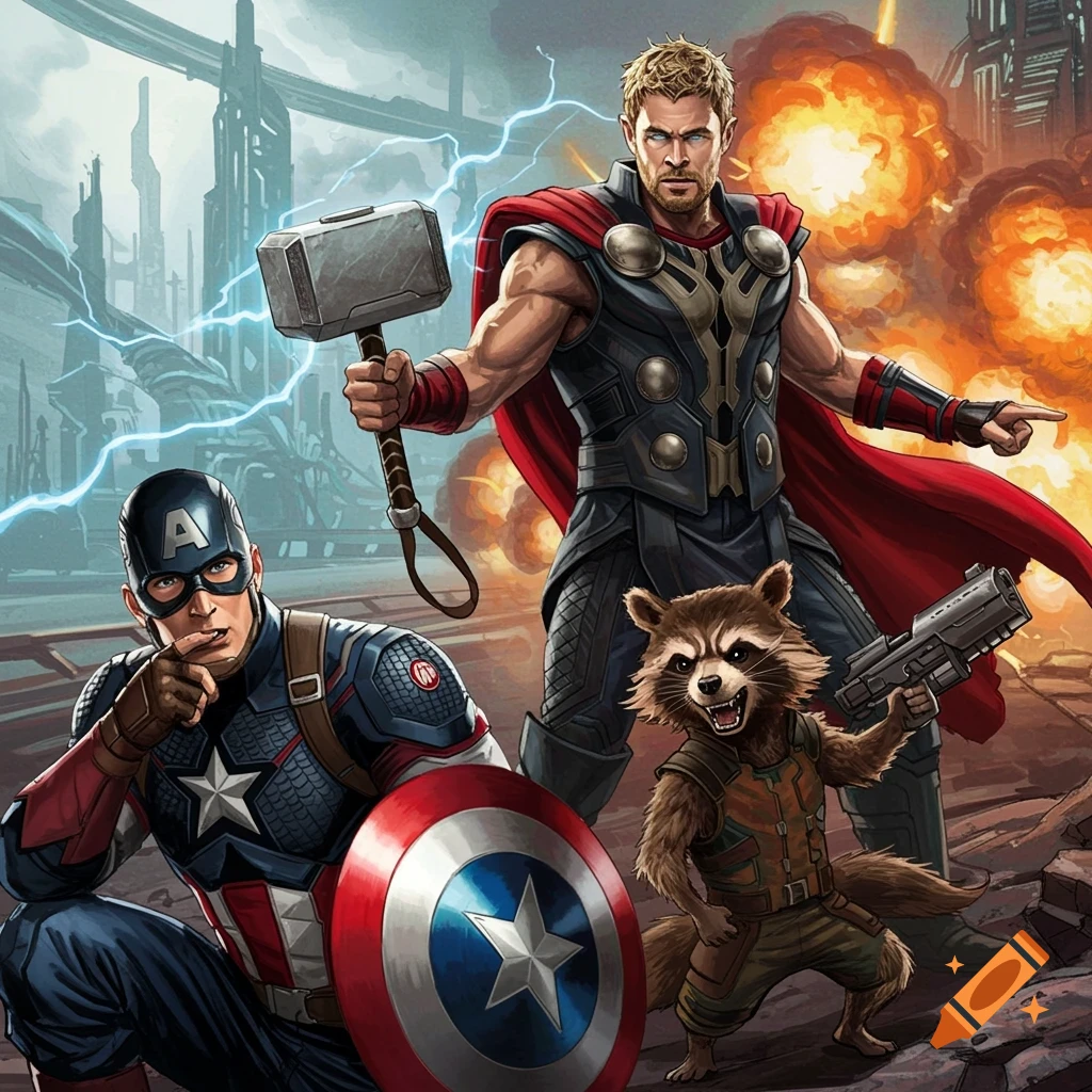 Thanos battles Iron Man, Captain America, and Thor in a stormy scene ...