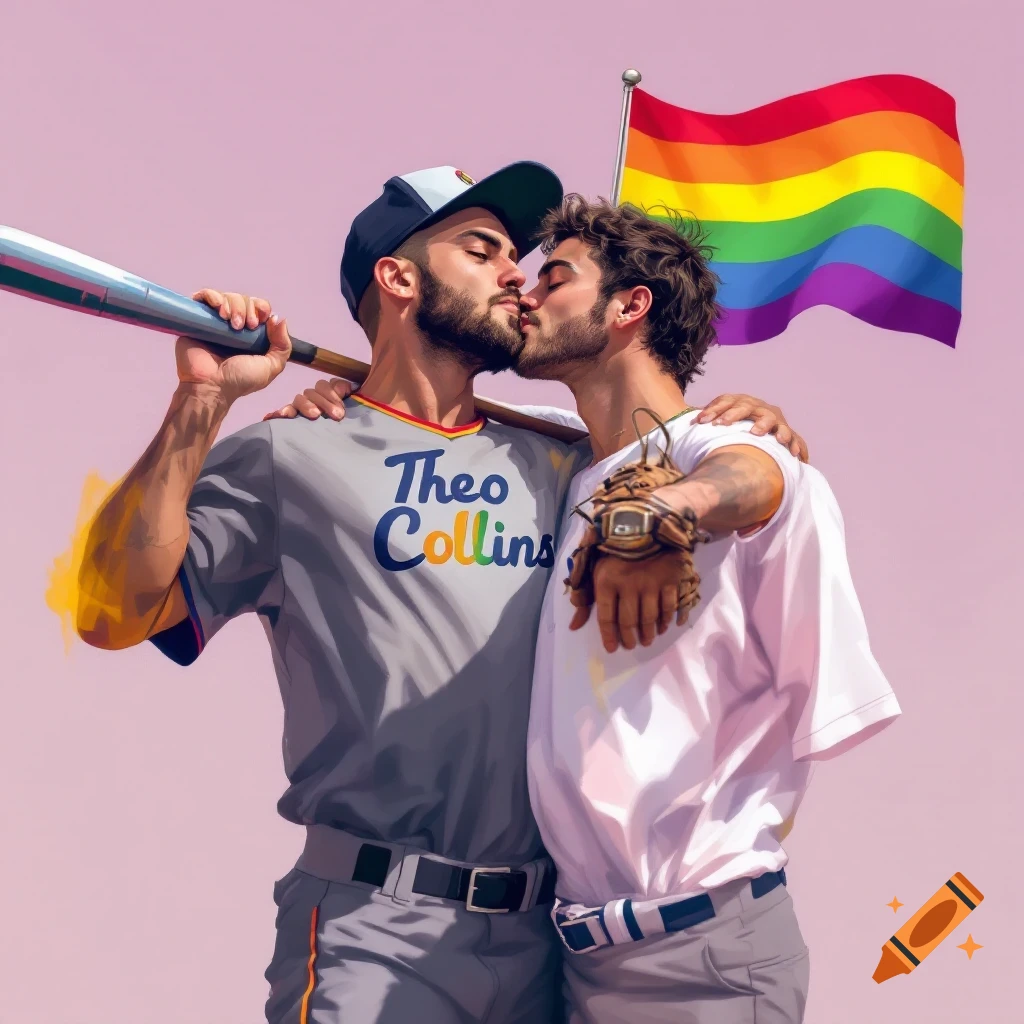Two men in baseball uniforms kissing under a rainbow pride flag. on Craiyon
