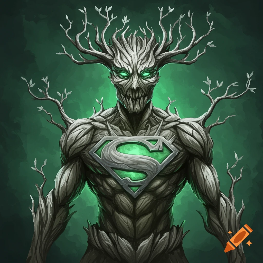 Superhero made of silver tree vines glowing green on Craiyon