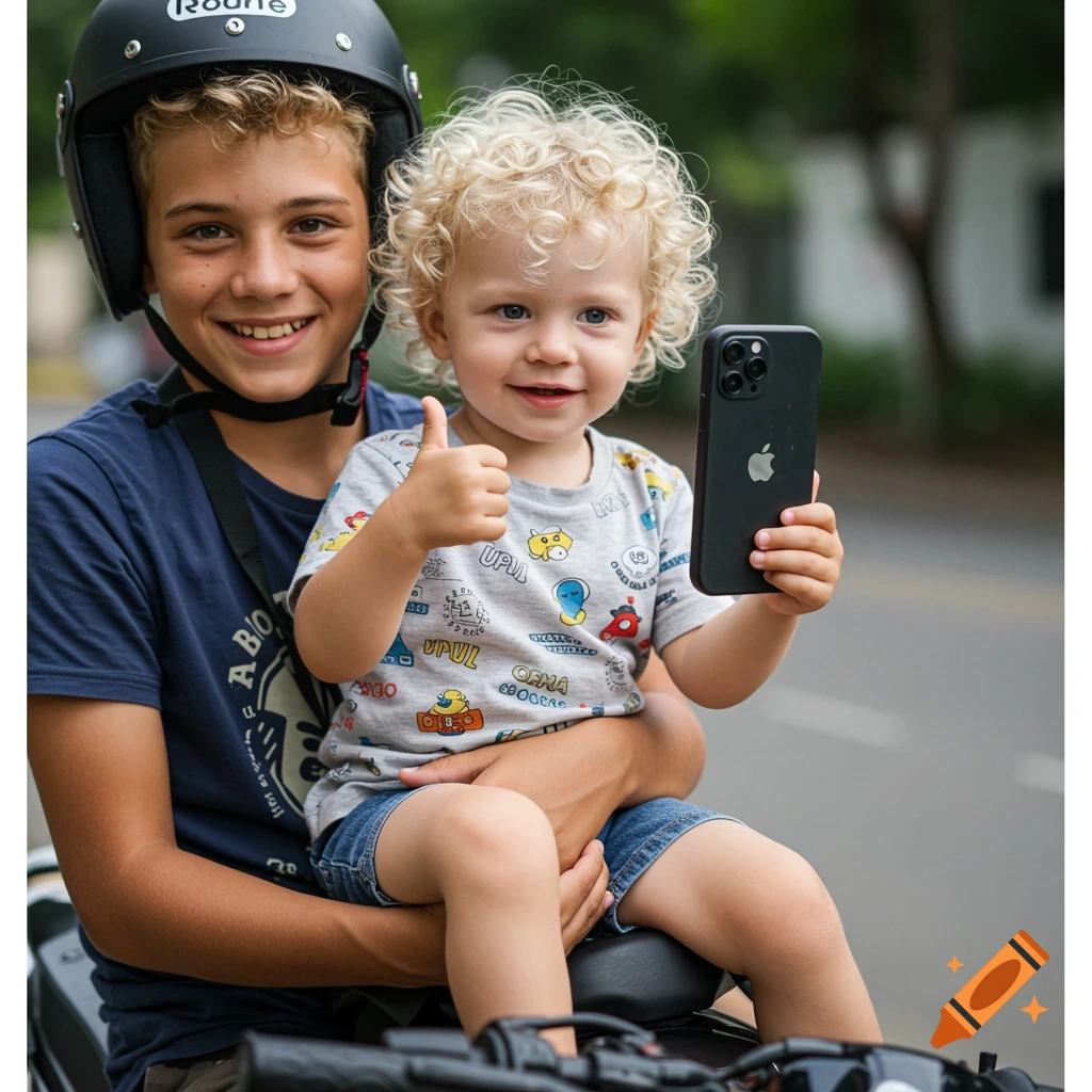 Brazilian toddler on motorcycle with older brother using iPhone on Craiyon