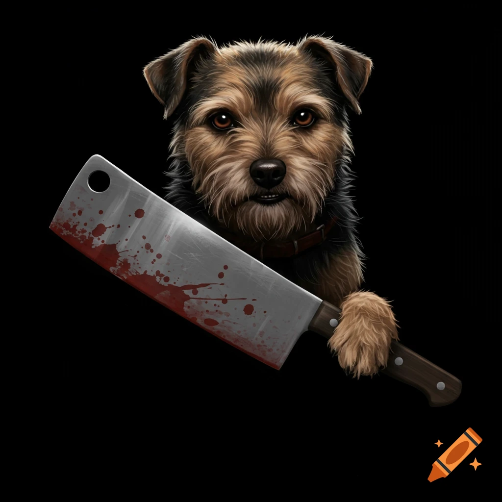 A dog is holding a bloody cleaver on Craiyon