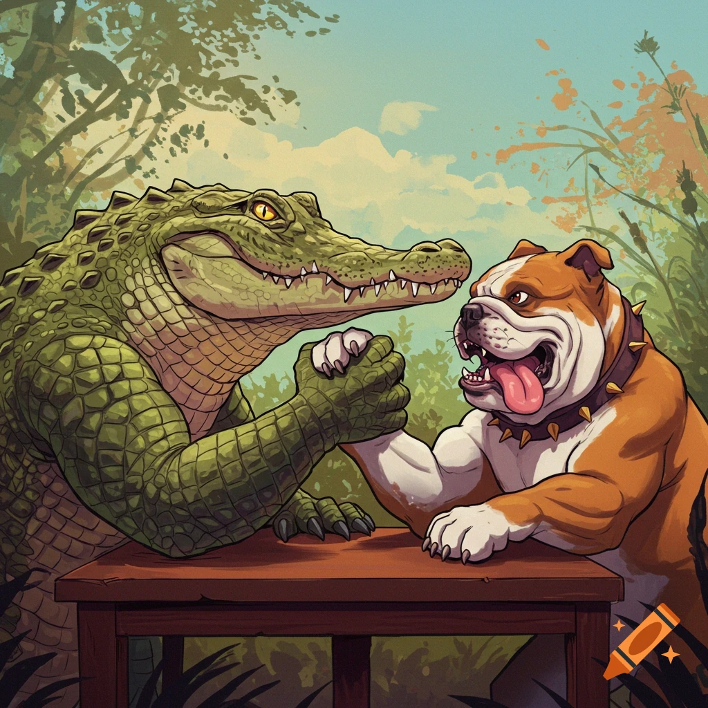 An Irish wolfhound and a brindle pitbull arm wrestle at a table. on Craiyon