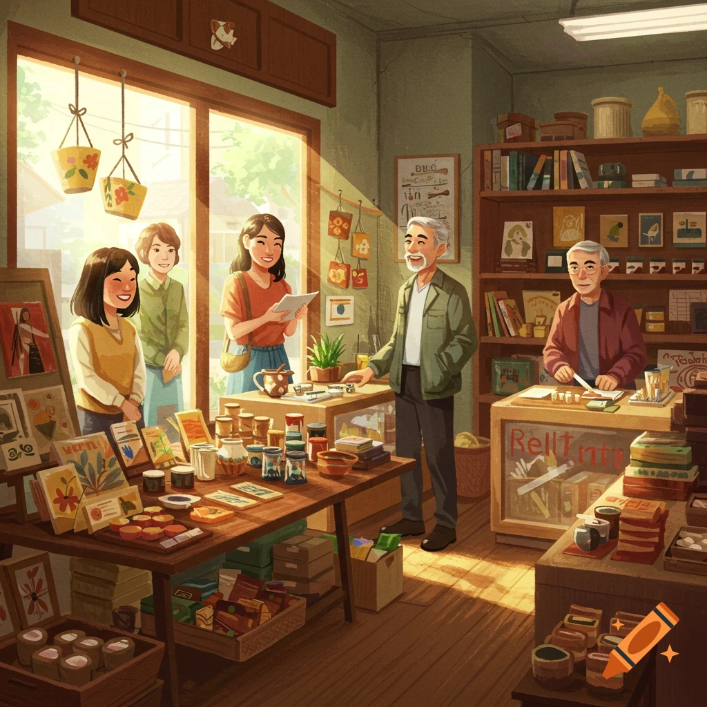 People in a small shop with items on display. on Craiyon