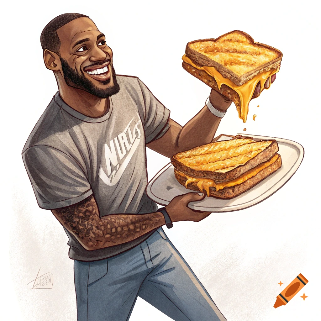 Illustration of a man resembling LeBron James eating fried chicken and ...