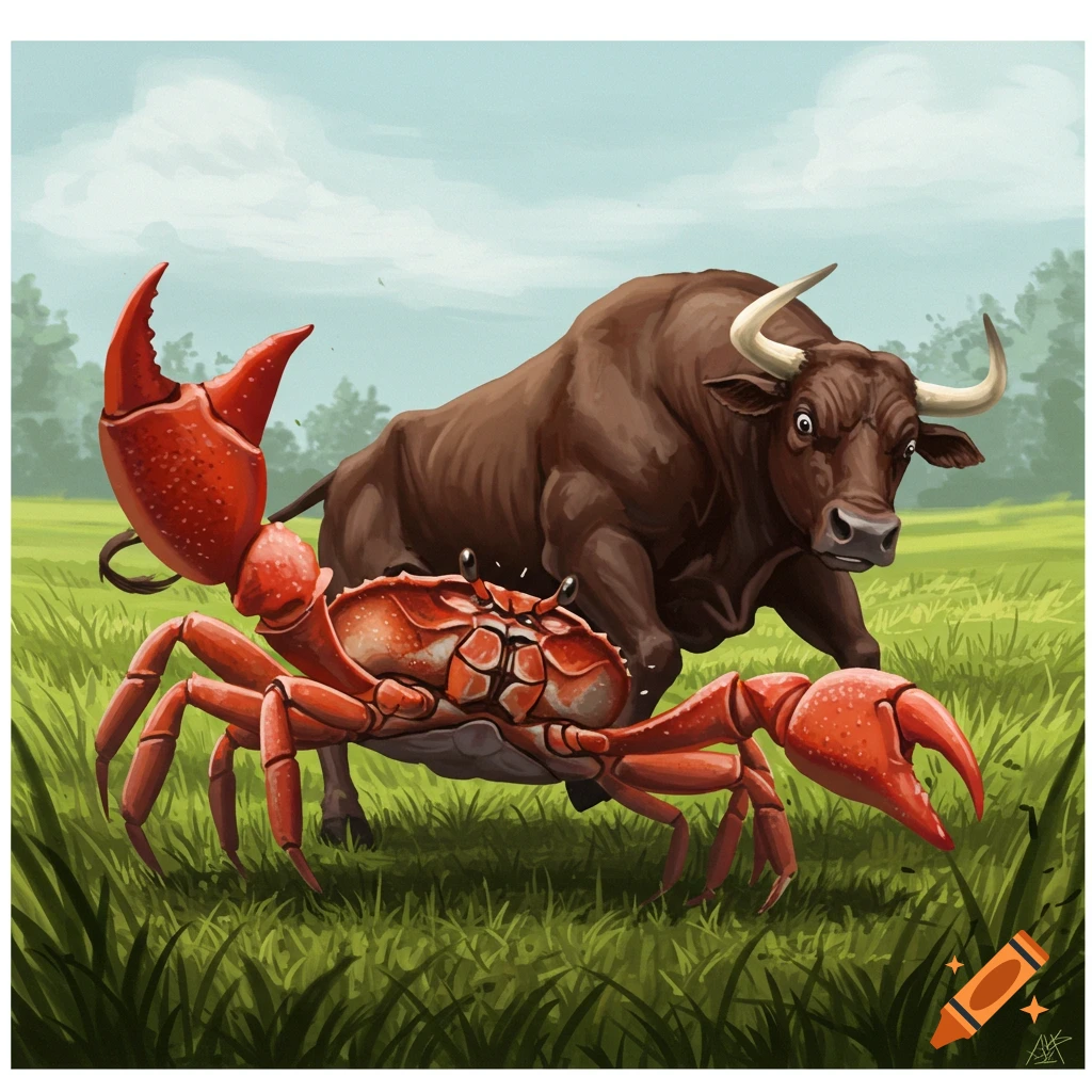 A large red crab and a brown bull face off in a grassy field under a cloudy sky. on Craiyon