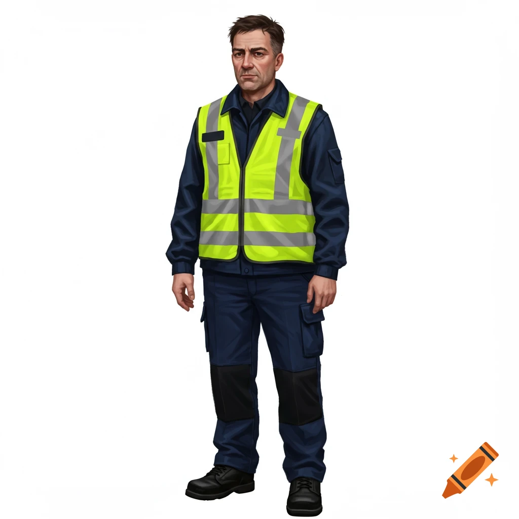 Truck driver in navy uniform and yellow safety vest on Craiyon