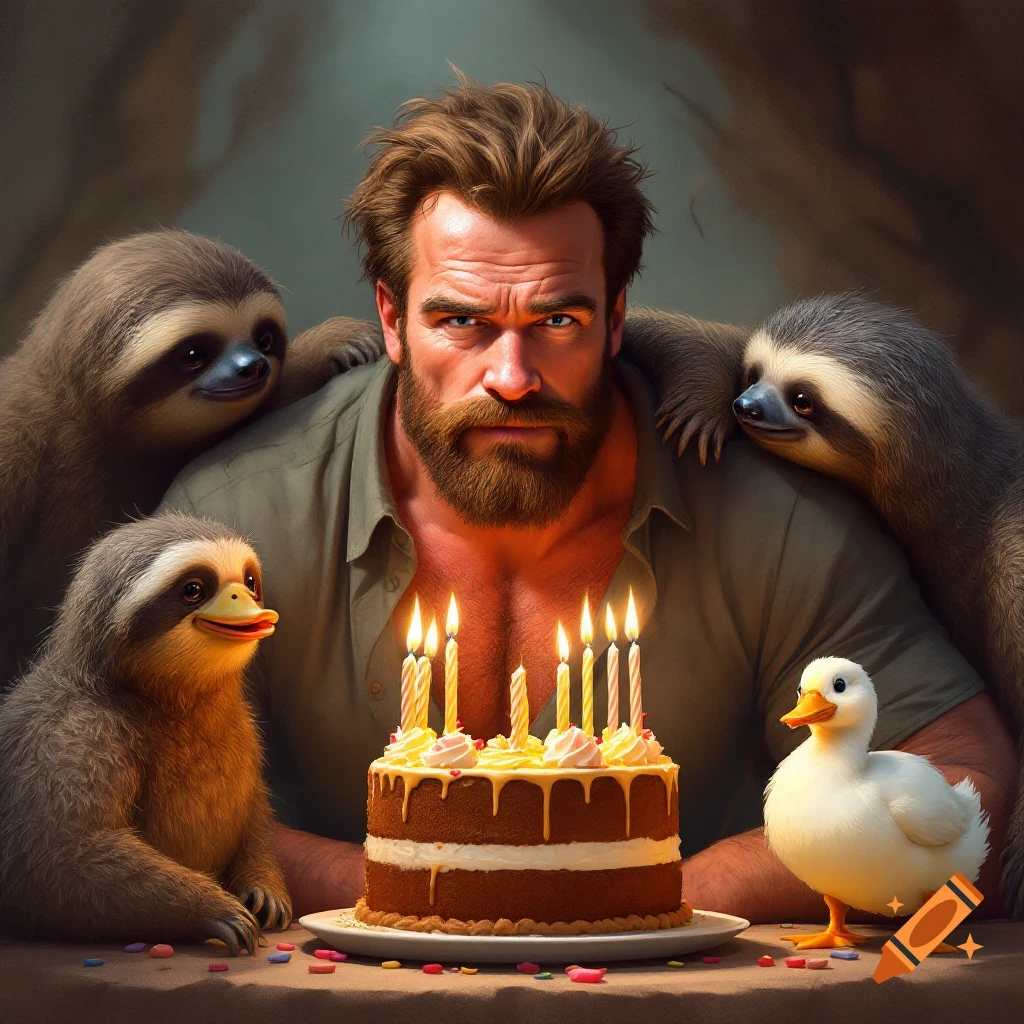A man, sloths, and a duck gathered around a birthday cake with lit ...