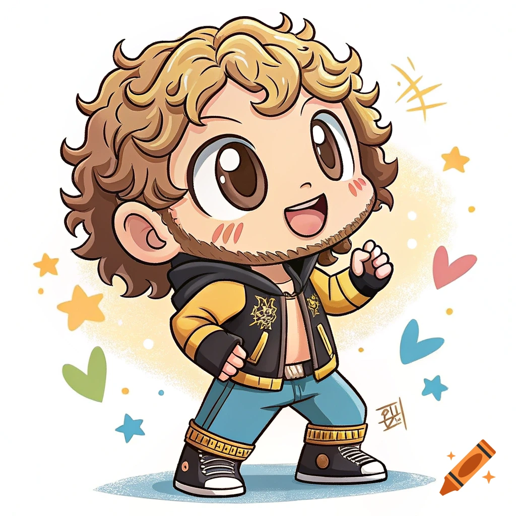 Cute chibi animation of a boy with black curly hair and beard on Craiyon