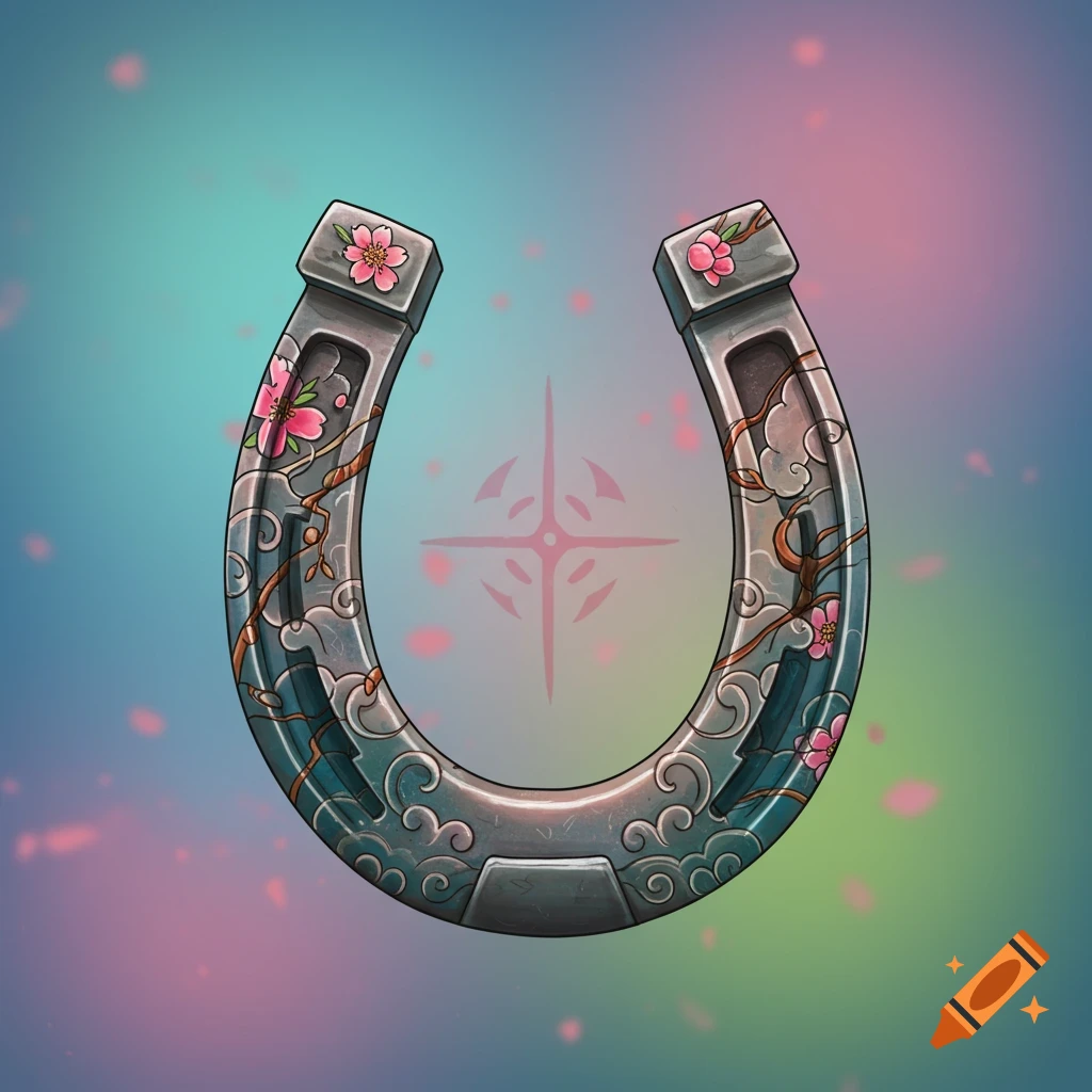 A metallic horseshoe with glowing blue electricity inside, standing ...