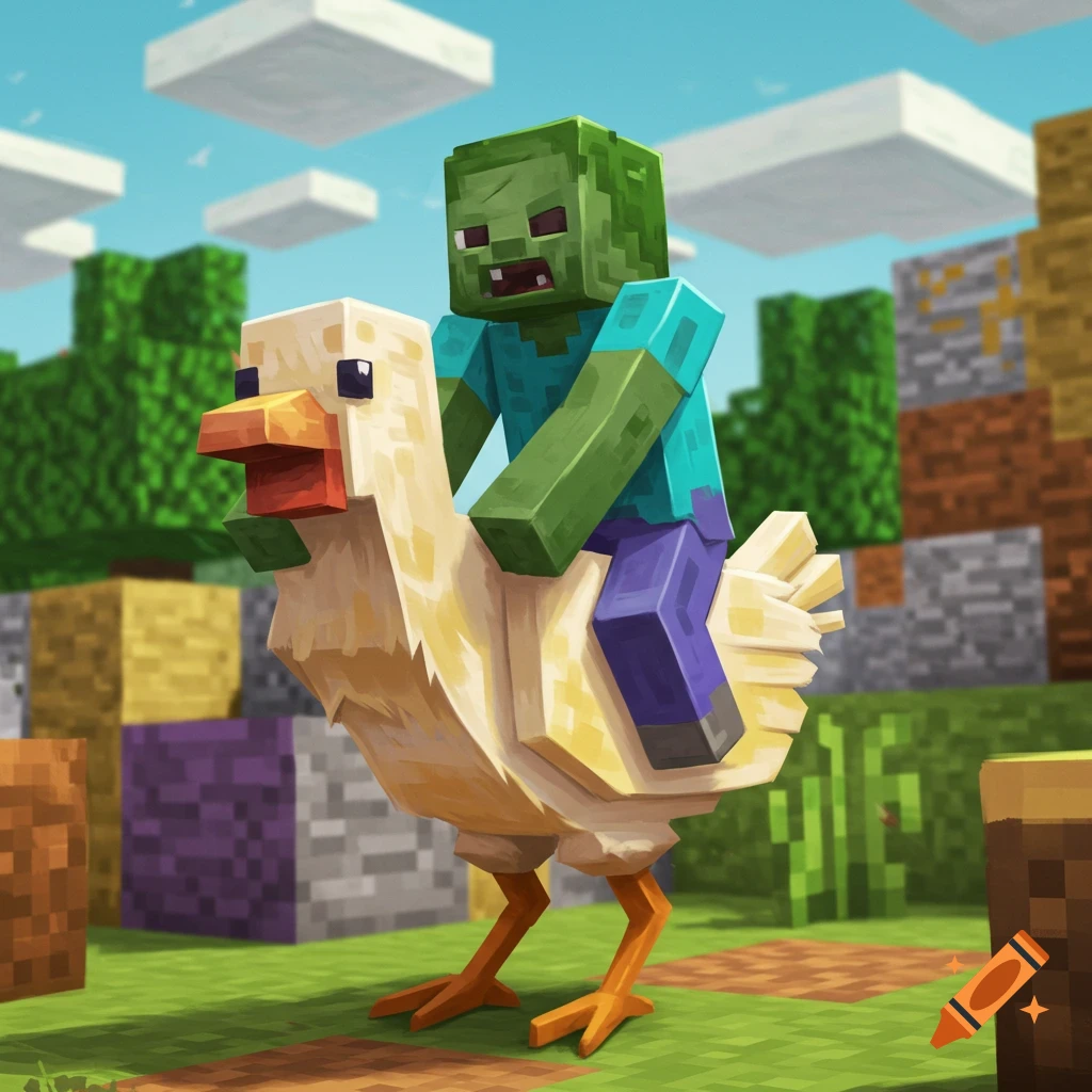 Zombie riding a chicken in Minecraft on Craiyon