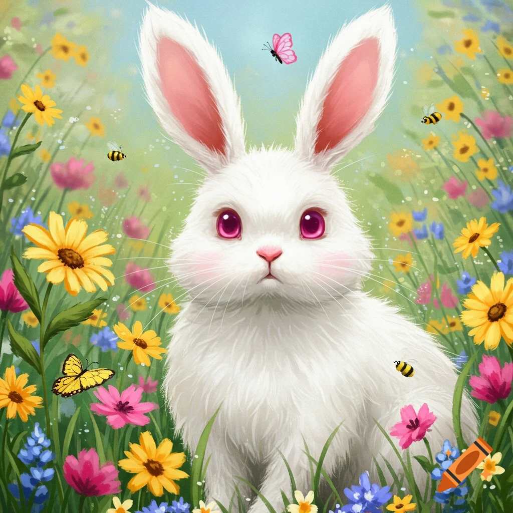 A white fluffy bunny with bright pink eyes sitting in a field of ...