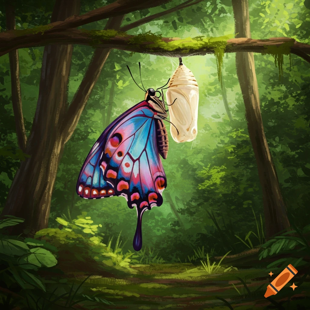 A vibrant blue and pink butterfly hangs from a branch, emerging from a ...