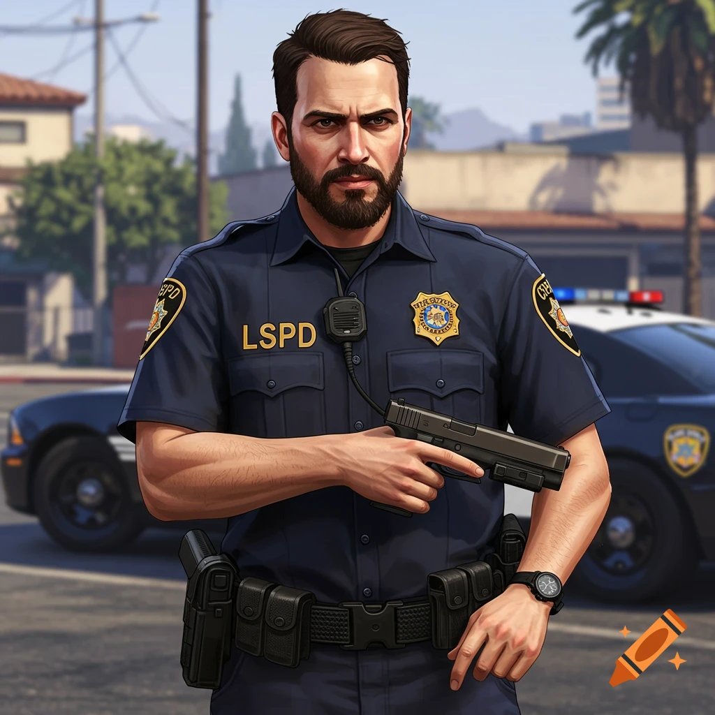 A police officer with a beard, wearing a uniform and holding a handgun ...