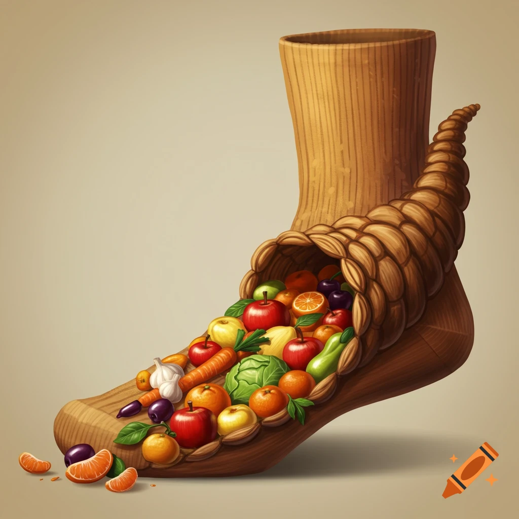 A sock shaped like a foot with a cornucopia spilling fruits and ...