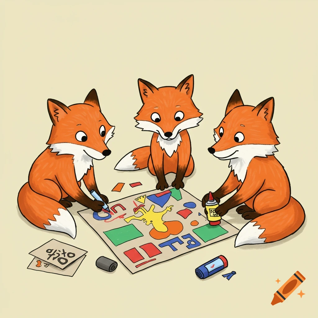 Cartoon foxes working on a poster on Craiyon