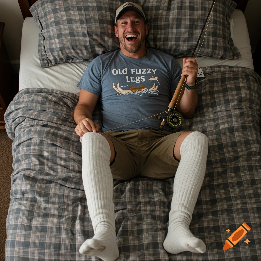Man in bed with plaid sheets, fishing clothing, and socks, holding a ...