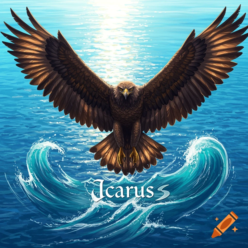 Harpy eagle flying over the ocean with the word Icarus on Craiyon