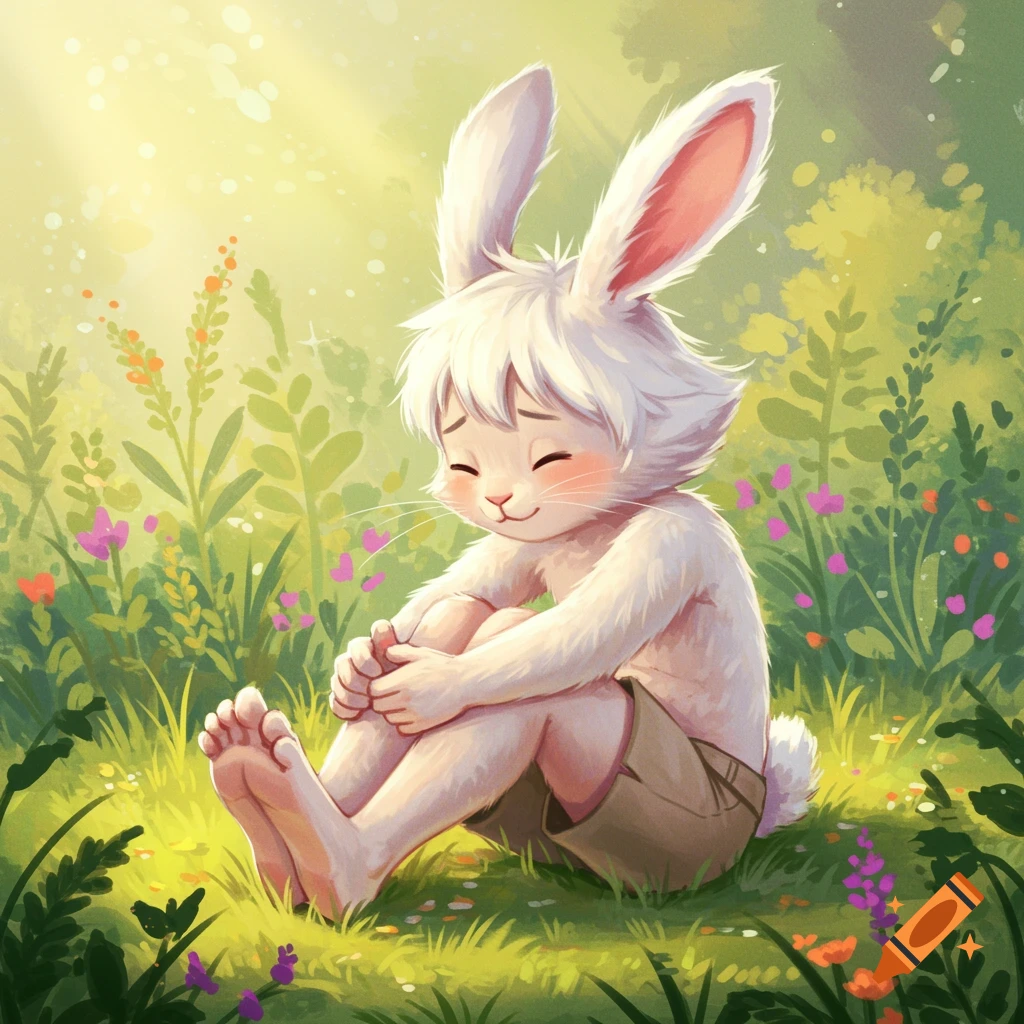 A rabbit boy with white fur sits in a sunlit meadow. on Craiyon