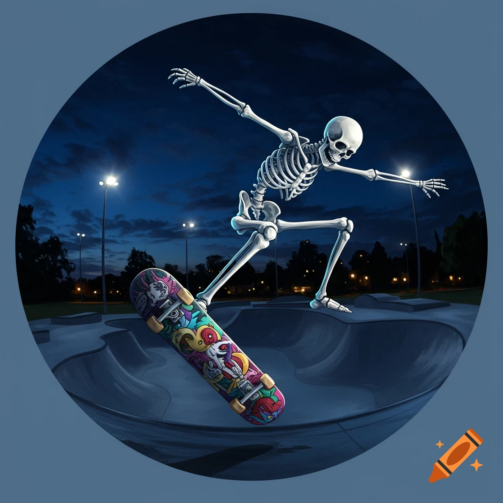 A skeleton doing a skateboard trick in a skatepark at night. on Craiyon