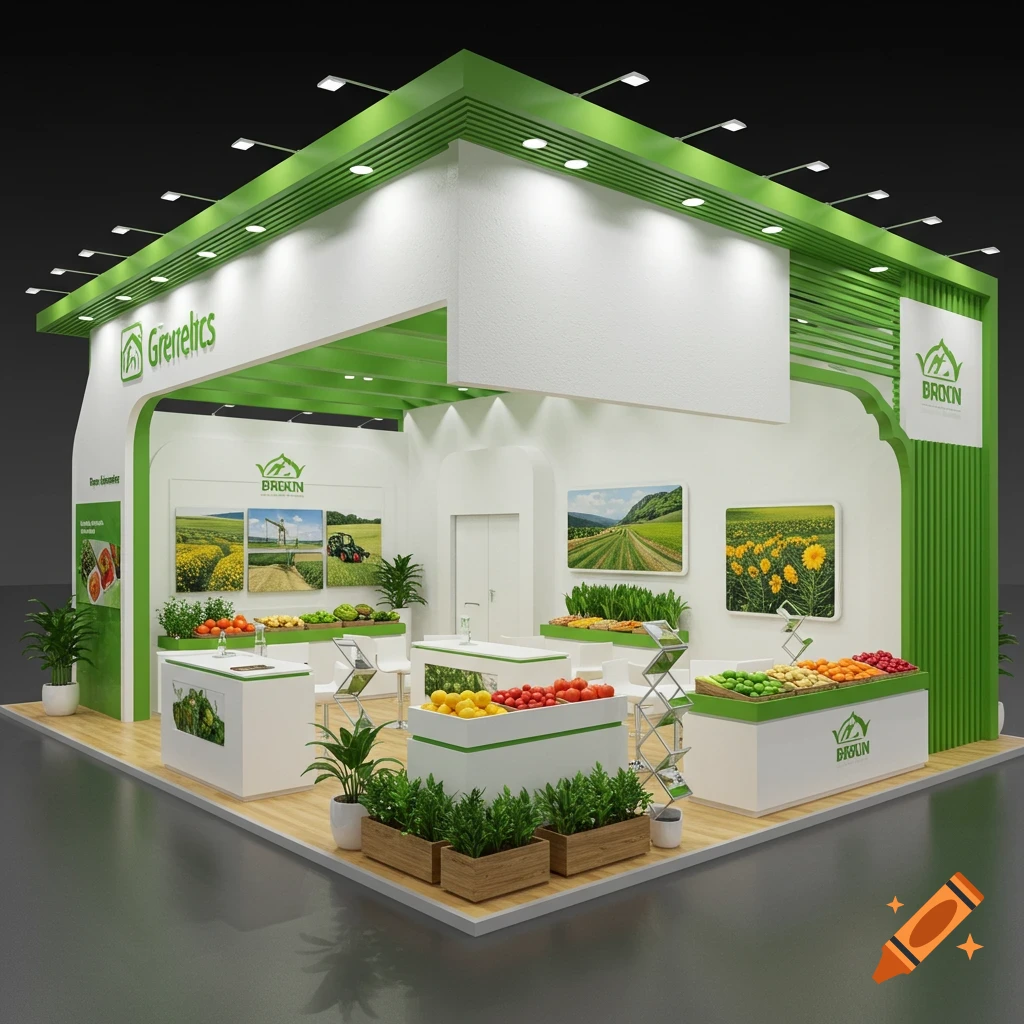 An agricultural exhibition booth in green and white, displaying fresh ...
