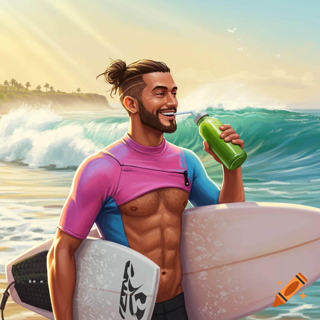 Surfer with man bun holding surfboard and green juice on Craiyon