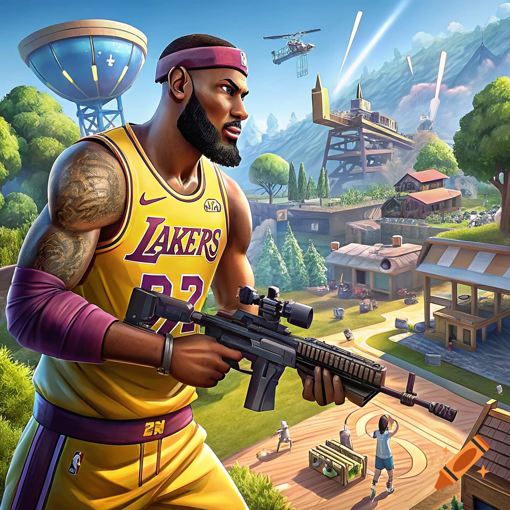Lebron James in a Lakers jersey holds a rifle in a colorful Fortnite ...