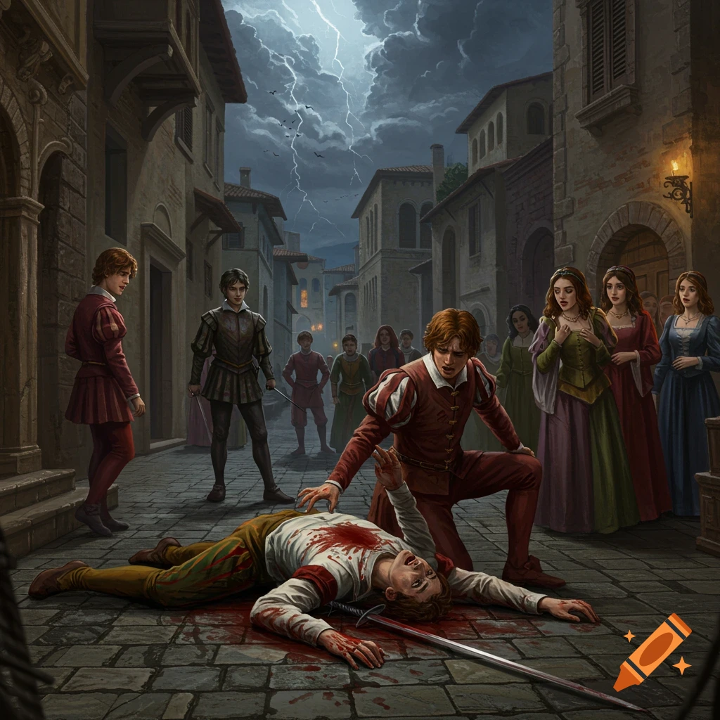 Renaissance street scene in Verona with dying Mercutio, Romeo, and ...