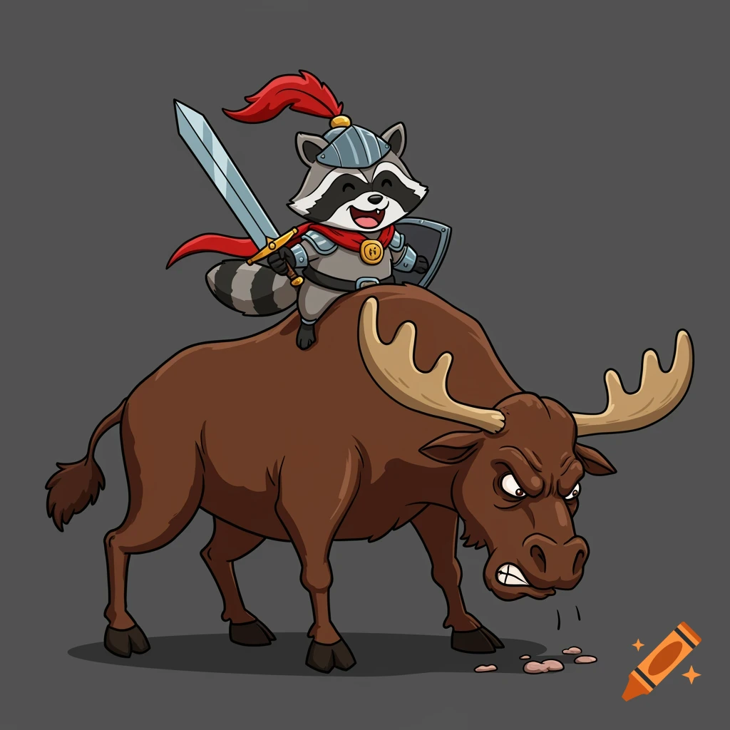 Cartoon raccoon with sword and knight's hat riding an angry moose on ...