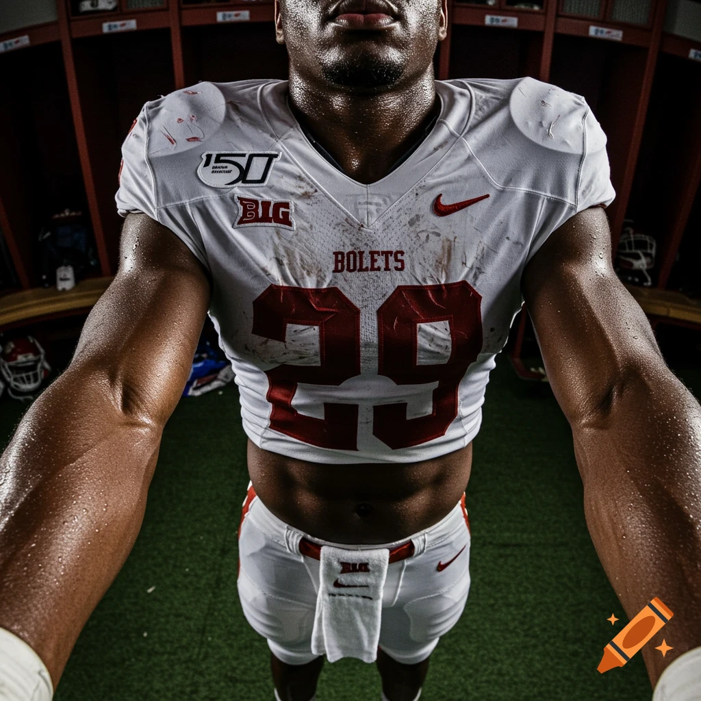 African American football player in locker room, GoPro perspective on ...