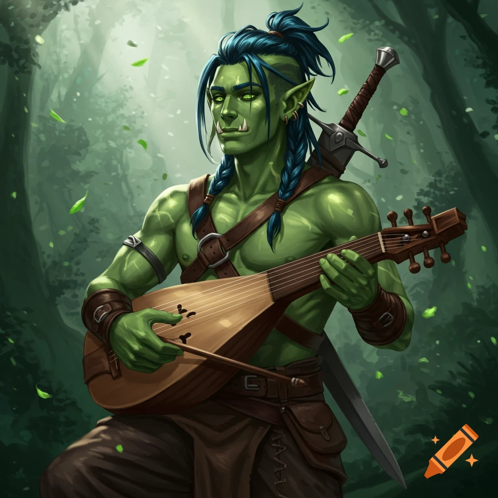 Androgynous half-orc playing Shawm with sword on Craiyon
