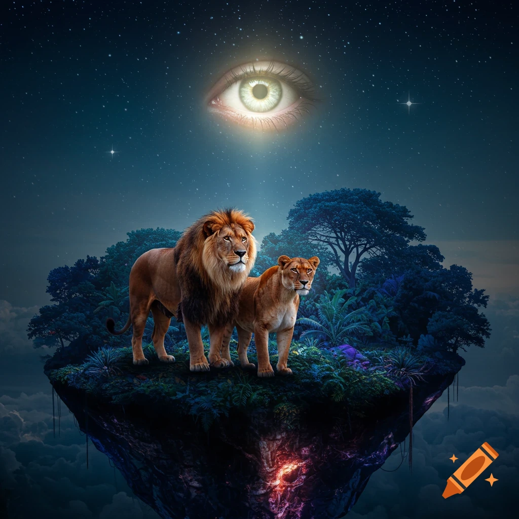 Surreal art of lions on floating cliff at night with glowing eye on Craiyon