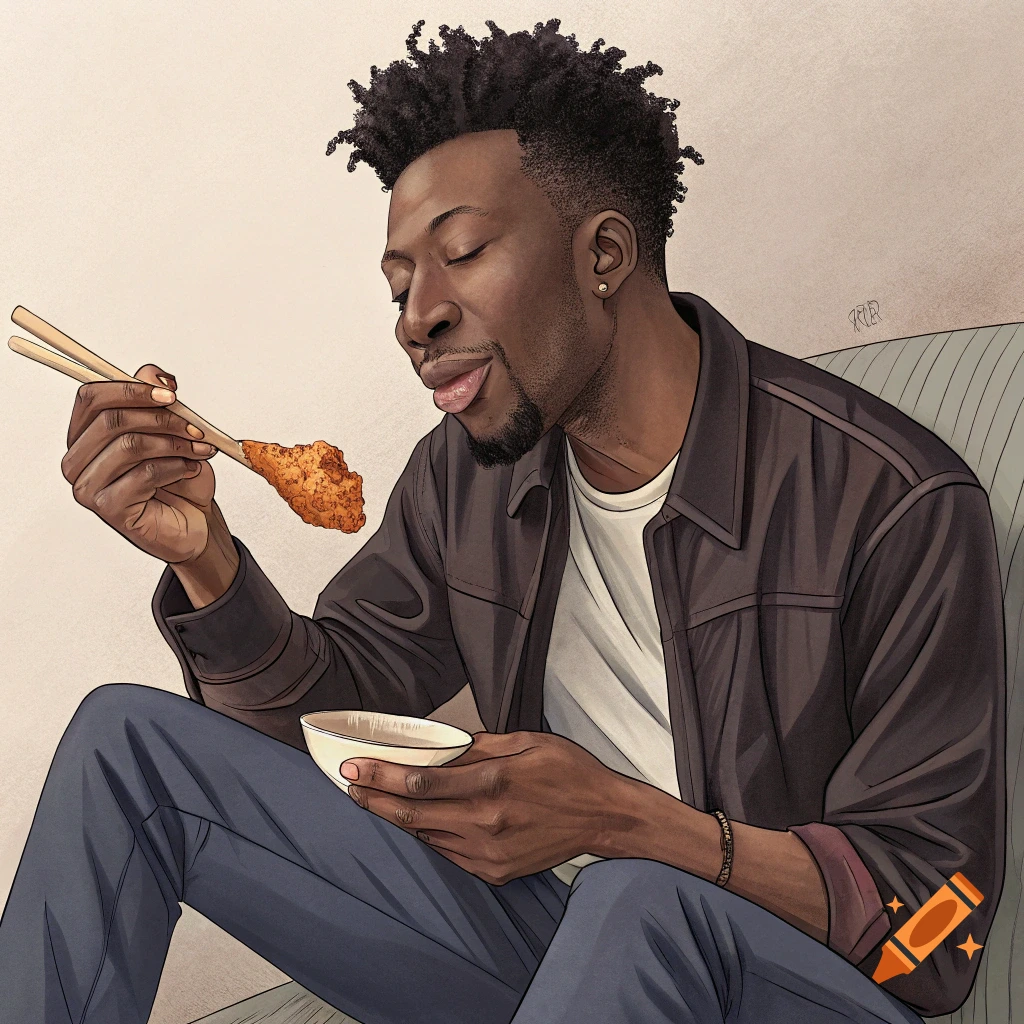 Illustration of a man eating a chicken drumstick with chopsticks and a ...