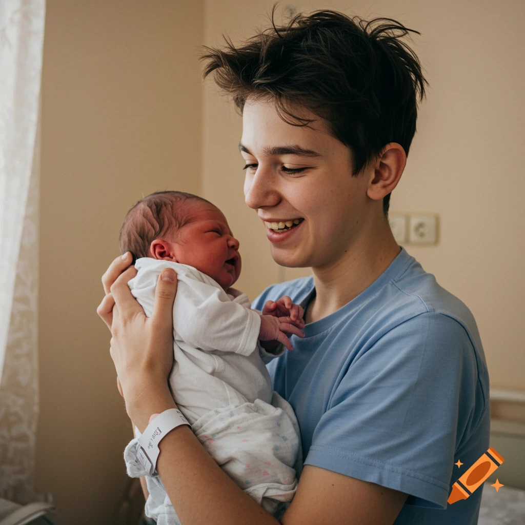 Russian teen playing with a newborn baby in a hospital on Craiyon