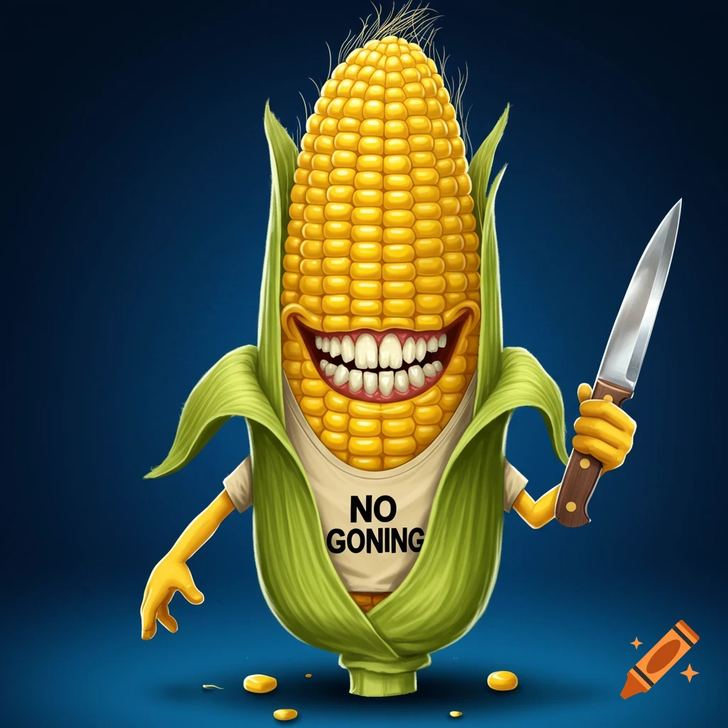 Corn on the cob with knife and evil smile, shirt says 'no gooning' on ...