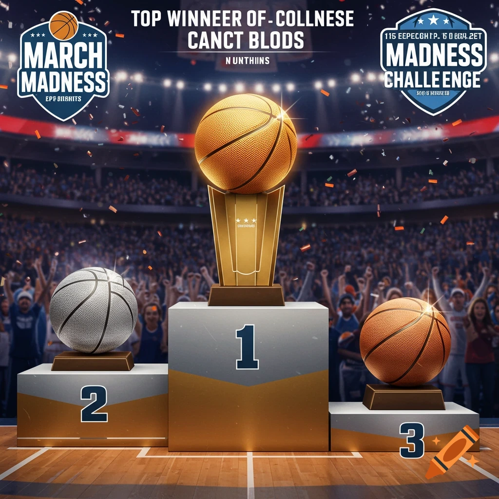 March Madness bracket podium with basketball trophies on Craiyon