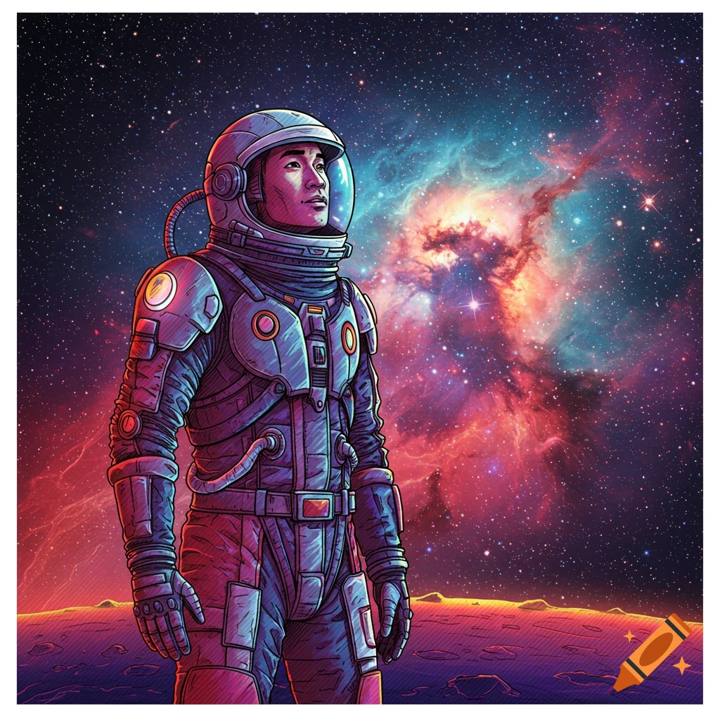 Three grey aliens in white space suits stand on a red planet surface ...