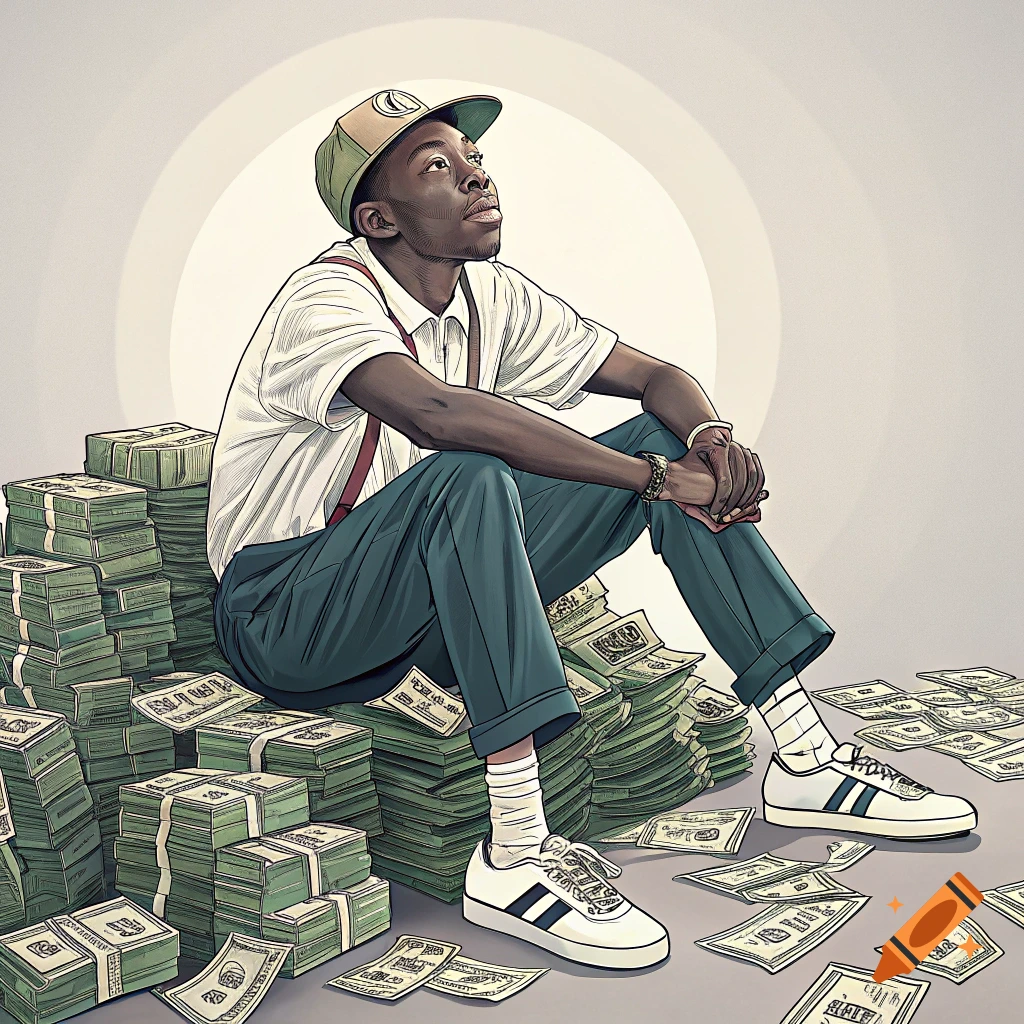 Illustration of a man sitting on large stacks of money, looking upwards ...