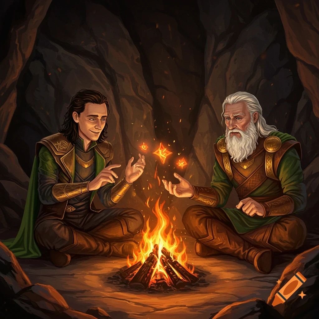 Loki and Odin sitting around a campfire in a cave on Craiyon