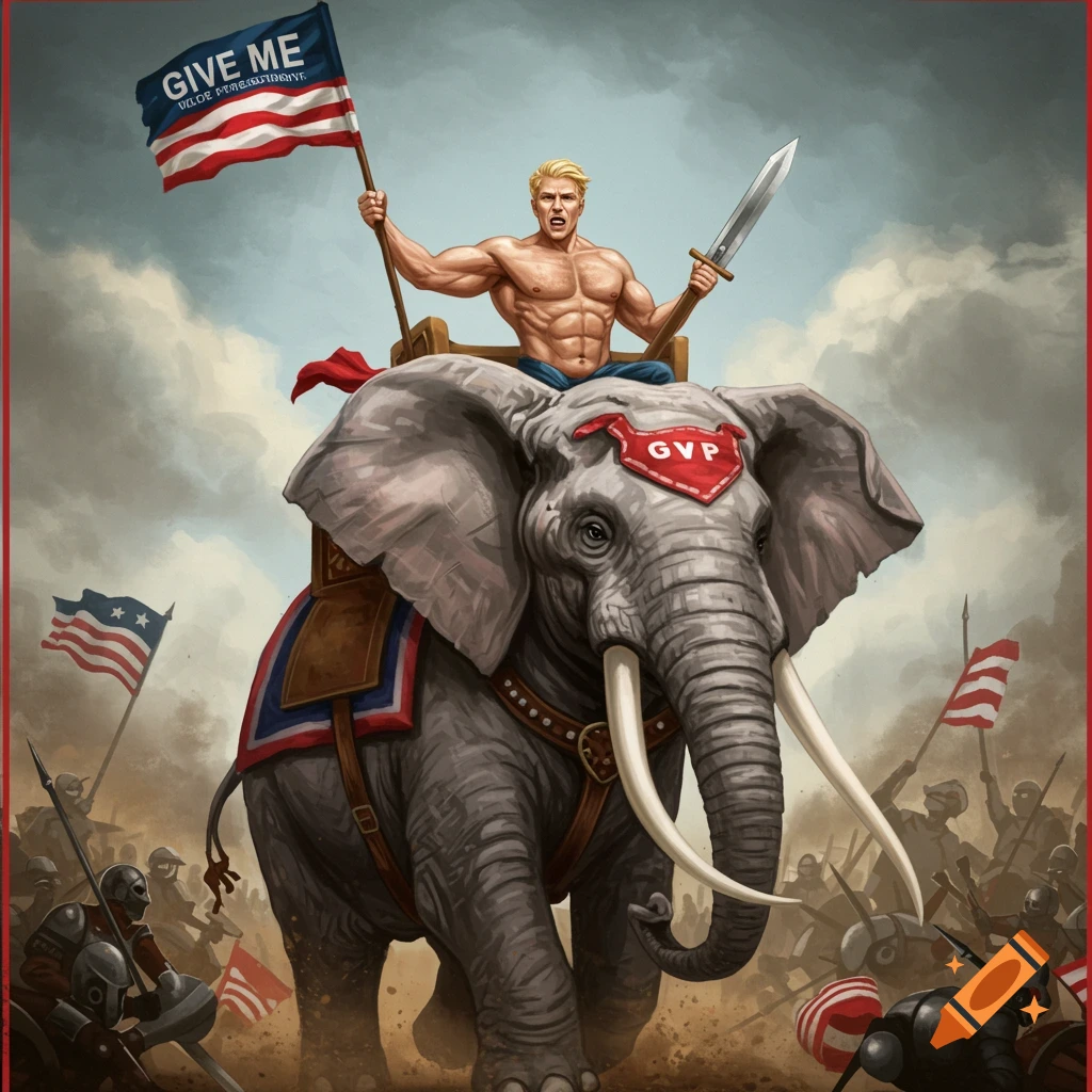 Jacked blonde man riding elephant into battle, political poster for ...