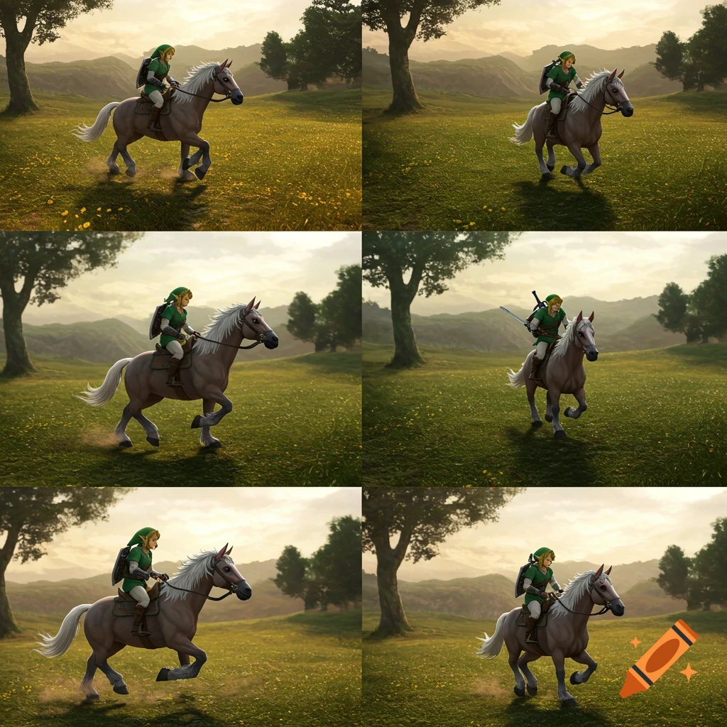Link rides Epona across a grassy field. on Craiyon