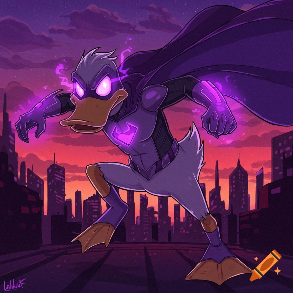 Cartoon depiction of Darkwing Duck standing in a rainy city street ...