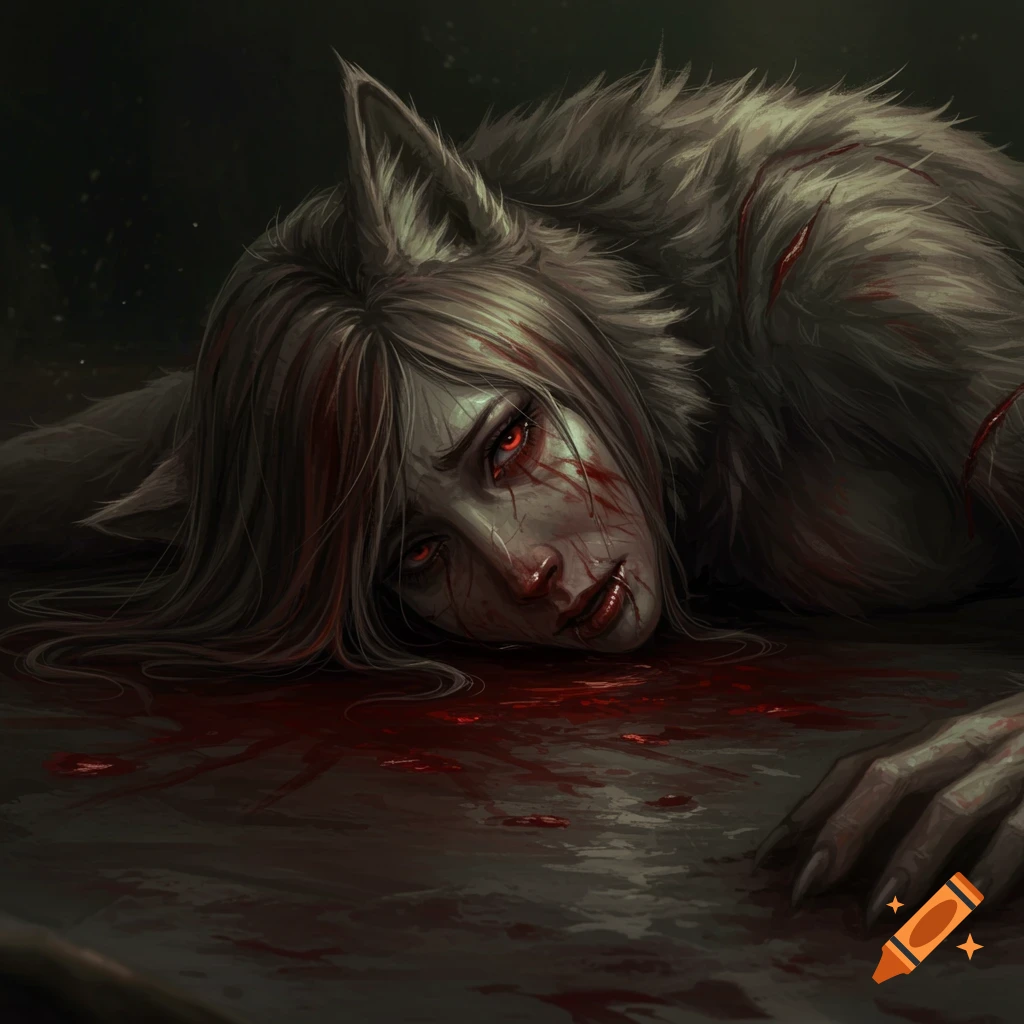Wounded female werewolf bleeding, eyes slightly open, looking at viewer ...