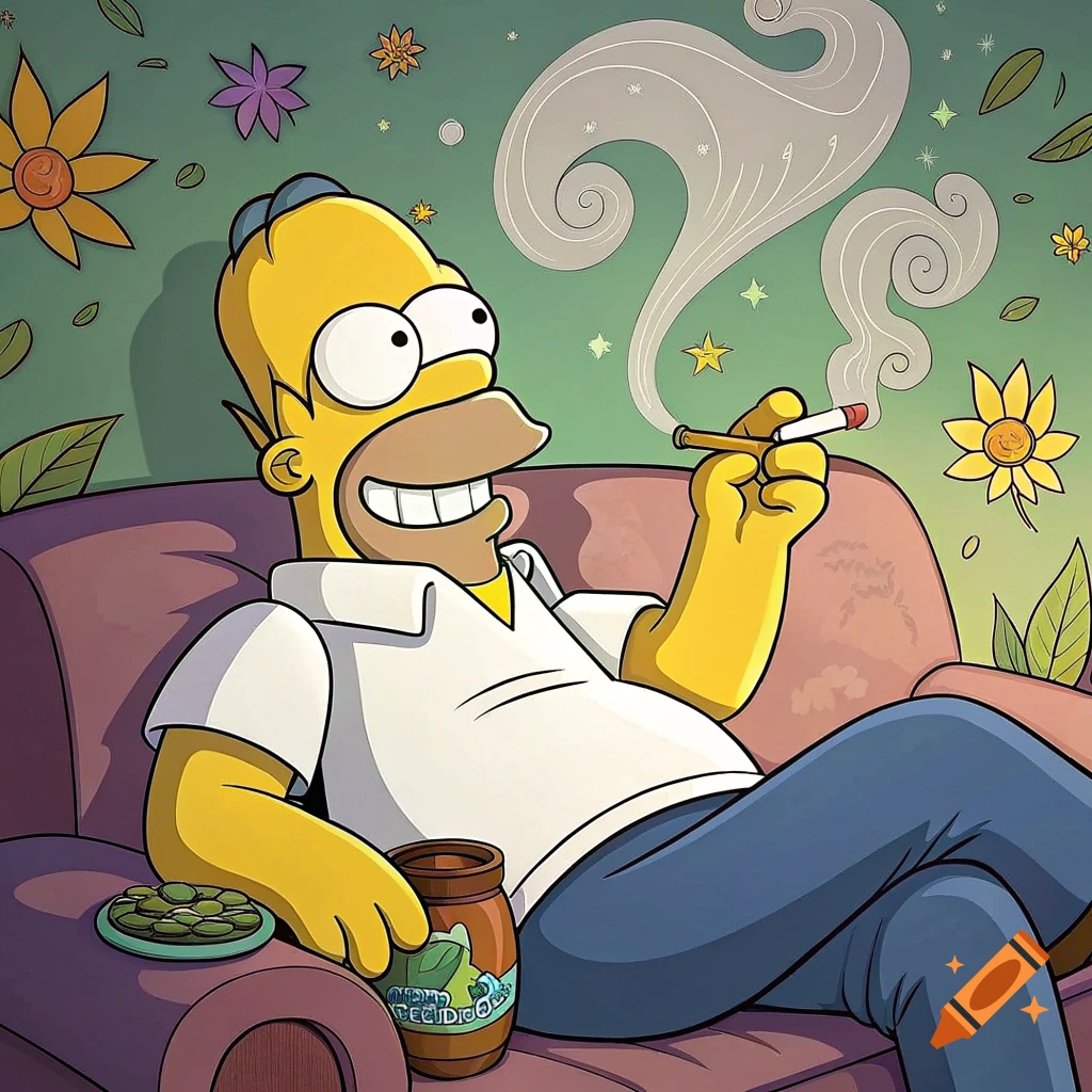 Cartoon of Homer Simpson smoking a cigarette on a couch next to a jar ...