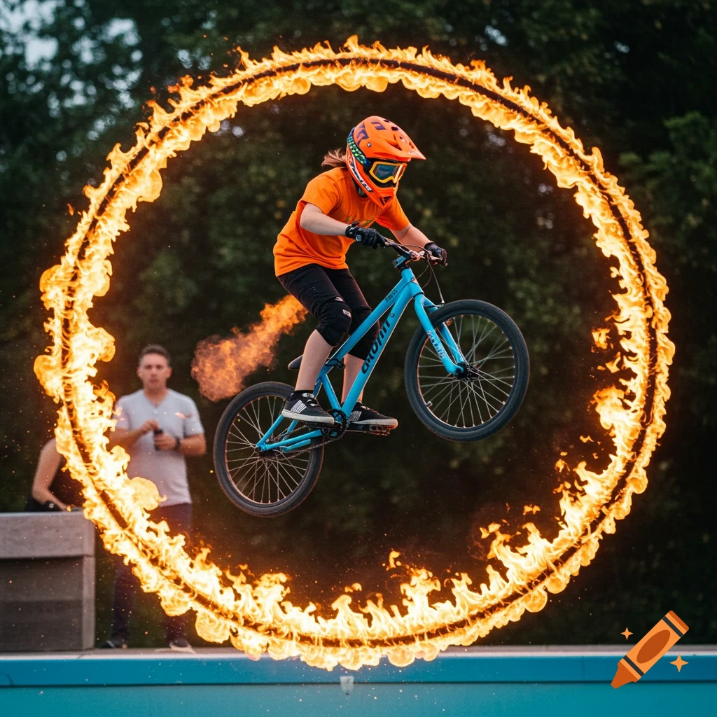 Boy on bike jumping through a burning ring of fire on Craiyon
